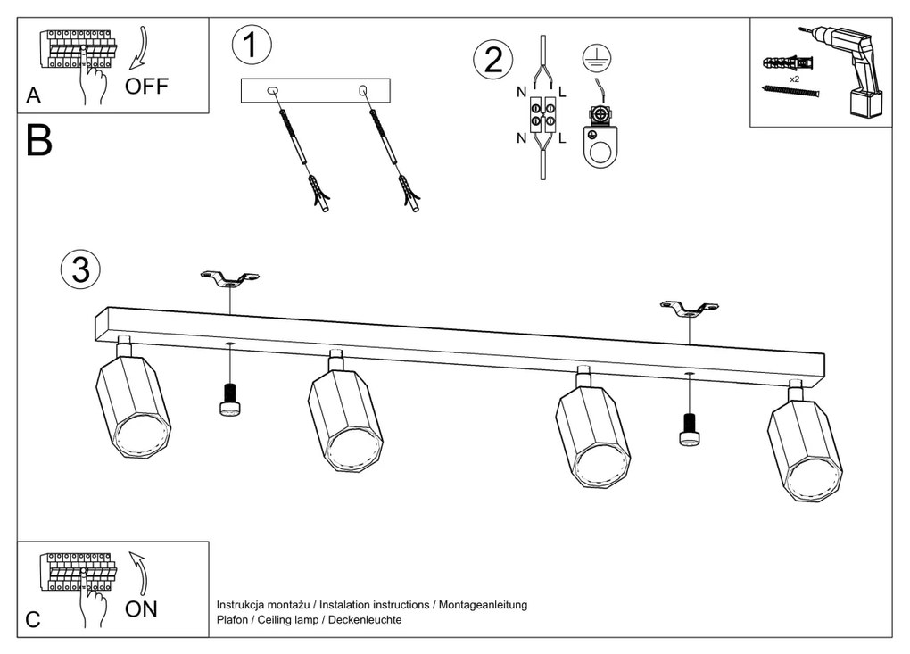 Bodové svítidlo Zeke, 4x dřevěné stínítko, (možnost polohování)