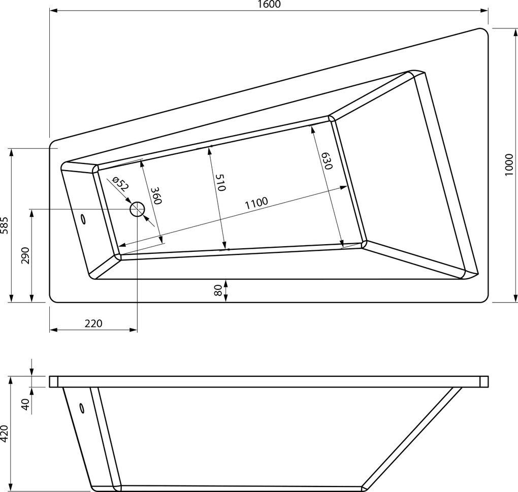 Aqualine Metuje G2610 asymetrická vana 160 x 100 cm akrylátová levá