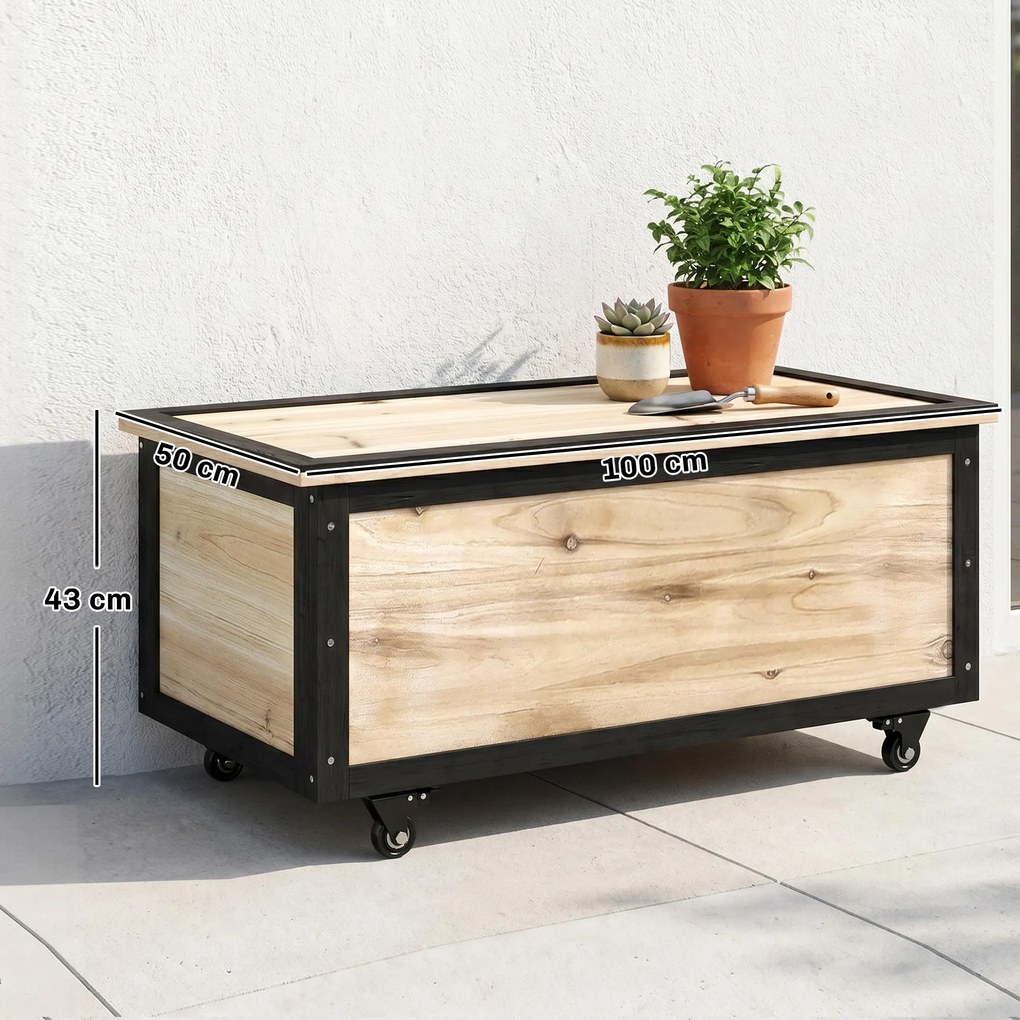 Outsunny zahradní box dřevěný úložný box 121L úložný box na kolečkách, úložný box odolný proti povětrnostním vlivům na balkon, terasu, do přírody