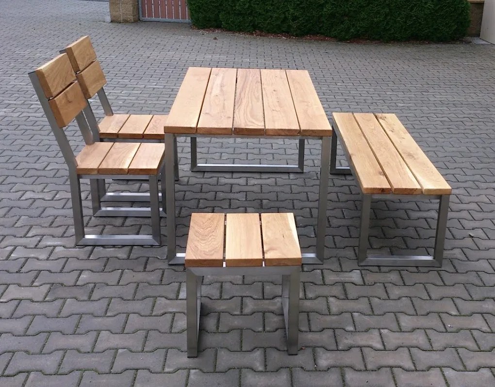 KULHÁNEK Zahradní sestava s nerezovými nohami - stůl, lavice bez opěradla, 2x židle, stolička Odstín nátěru: lazura - ořech