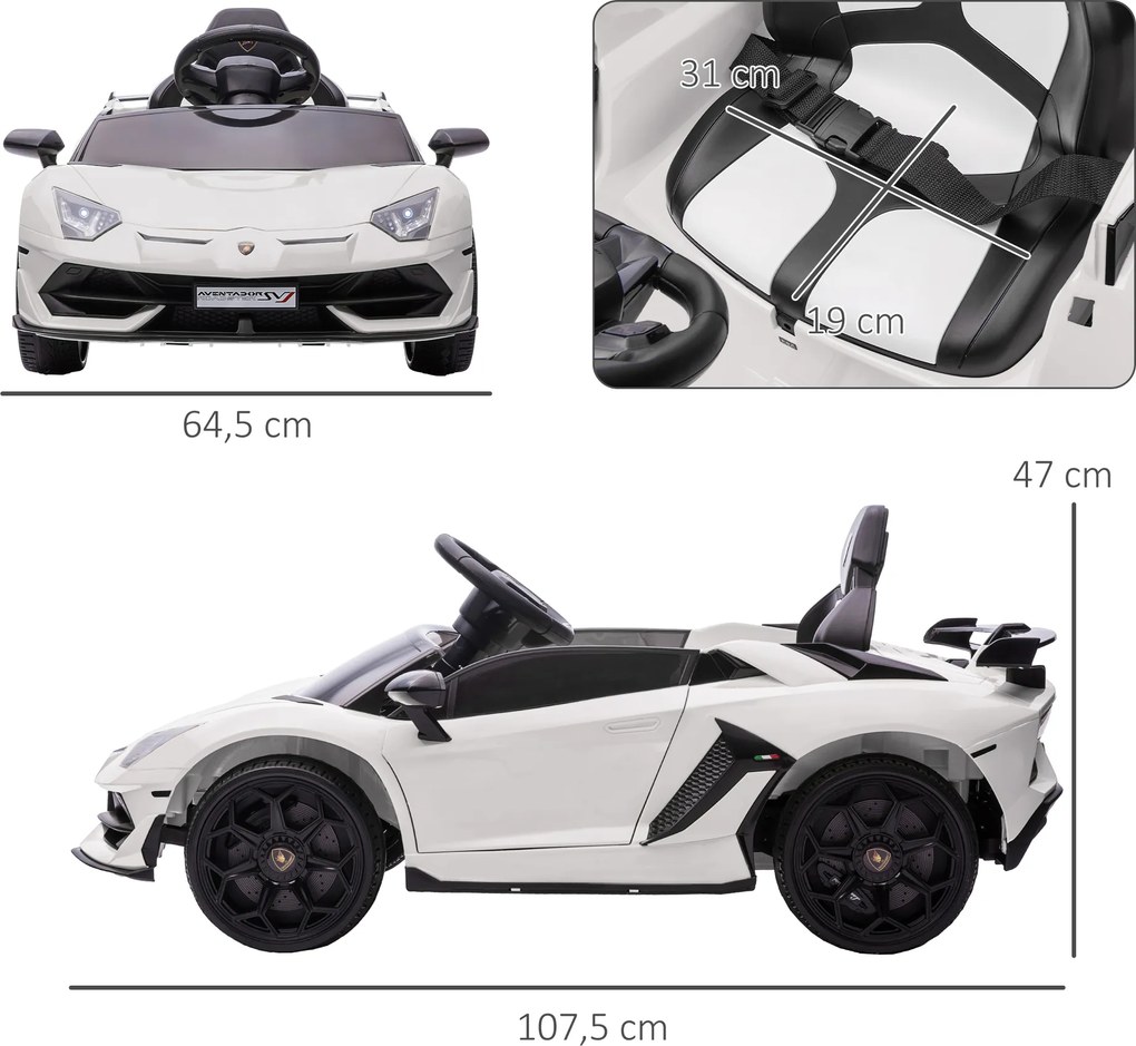 HOMCOM dětské elektrické autíčko 12V s dálkovým ovládáním 2.4G, MP3 přehrávačem, klaksonem a světlem pro děti od 3-5 let, bílé elektrické vozidlo | A…