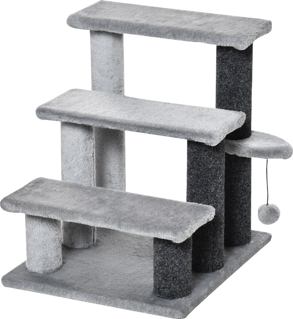 PawHut Kočičí Schody 3-Krokové Domácí Schody pro Mazlíčky se Škrabacími Sloupky a Míčkem pro Psy až 5 kg, Plyš Juta Šedá 45 x 40 x 48 cm | Aosom
