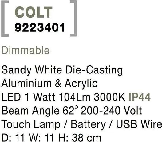 NV 9223401 Venkovní stolní lampa COLT bílý litý hliník a akryl LED 2W 3000K IP54 62st. 5V DC vypínač na těle USB kabel stmívatelné - NOVA LUCE