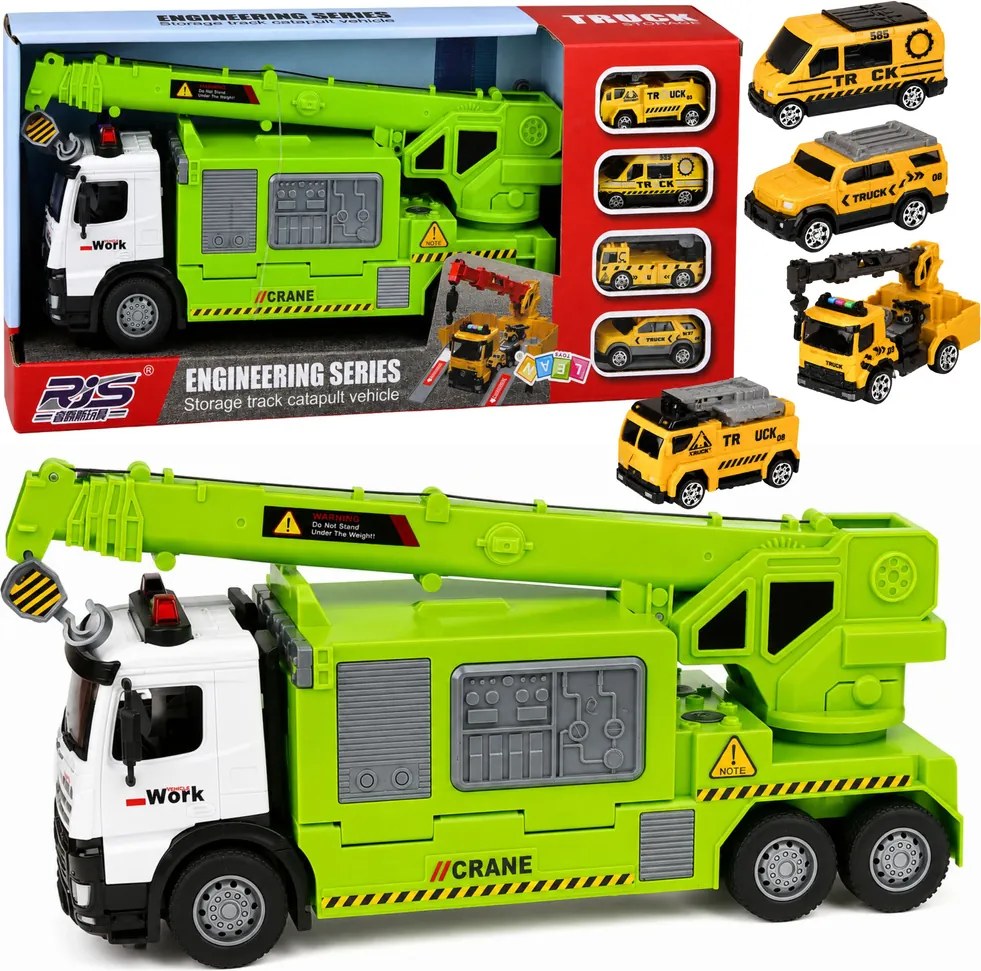 LEAN Toys Nákladní auto s jeřábem a přepravníkem vozidel – světla a zvuky – zelené