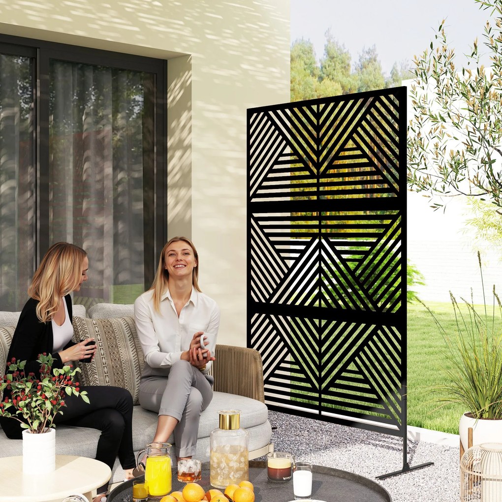 Dekorativní venkovní rozdělovací stěna Outsunny s diamantovými motivy a 2 nohama, vysoká ocelová zahradní stěna pro balkón a terasu, 122x45x198 cm, č…