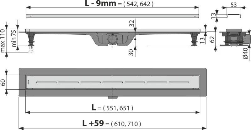 ALCA Podlahový žlab s nerezovým okrajem pro perforovaný rošt APZ18-550M