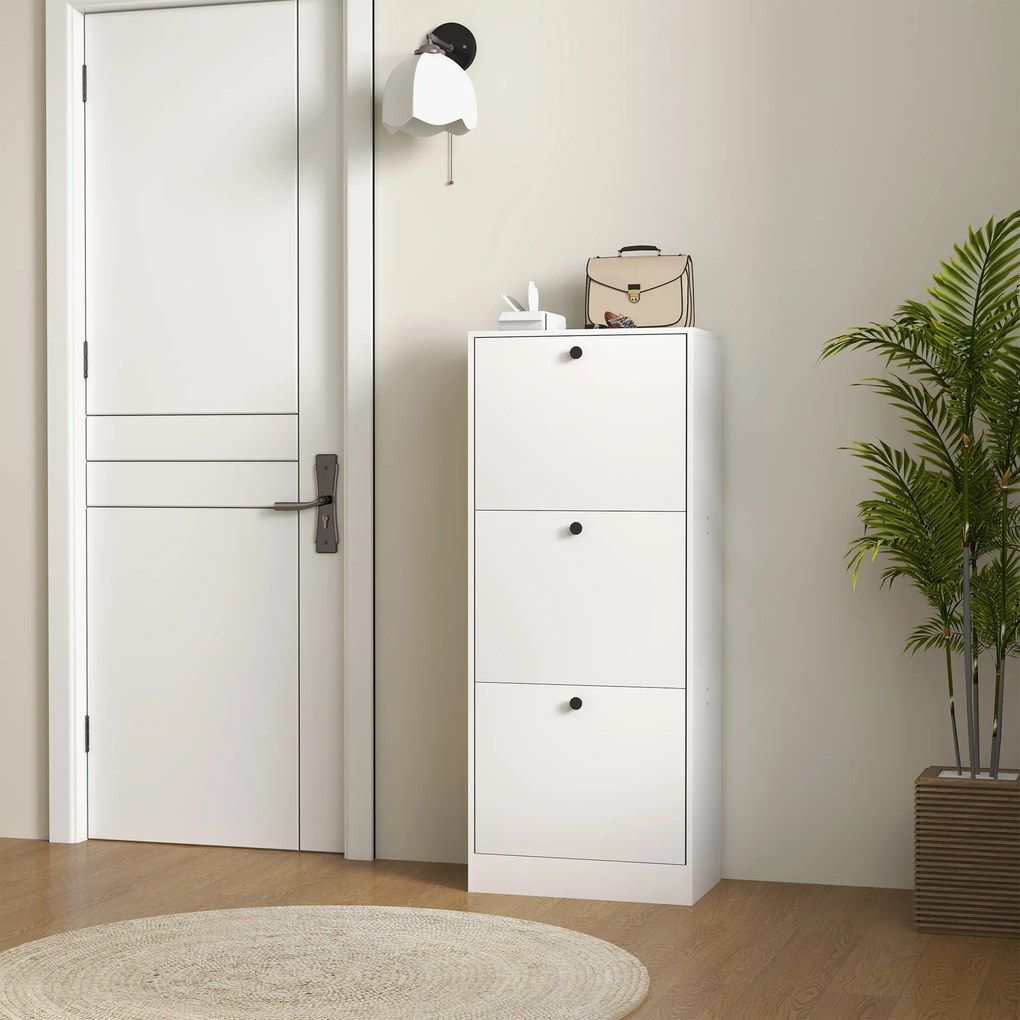 HOMCOM Botník se 3 skládacími dvířky, botník s nastavitelným děličem, štíhlý botník pro 12 párů bot 47 x 28 x 115 cm, bílý