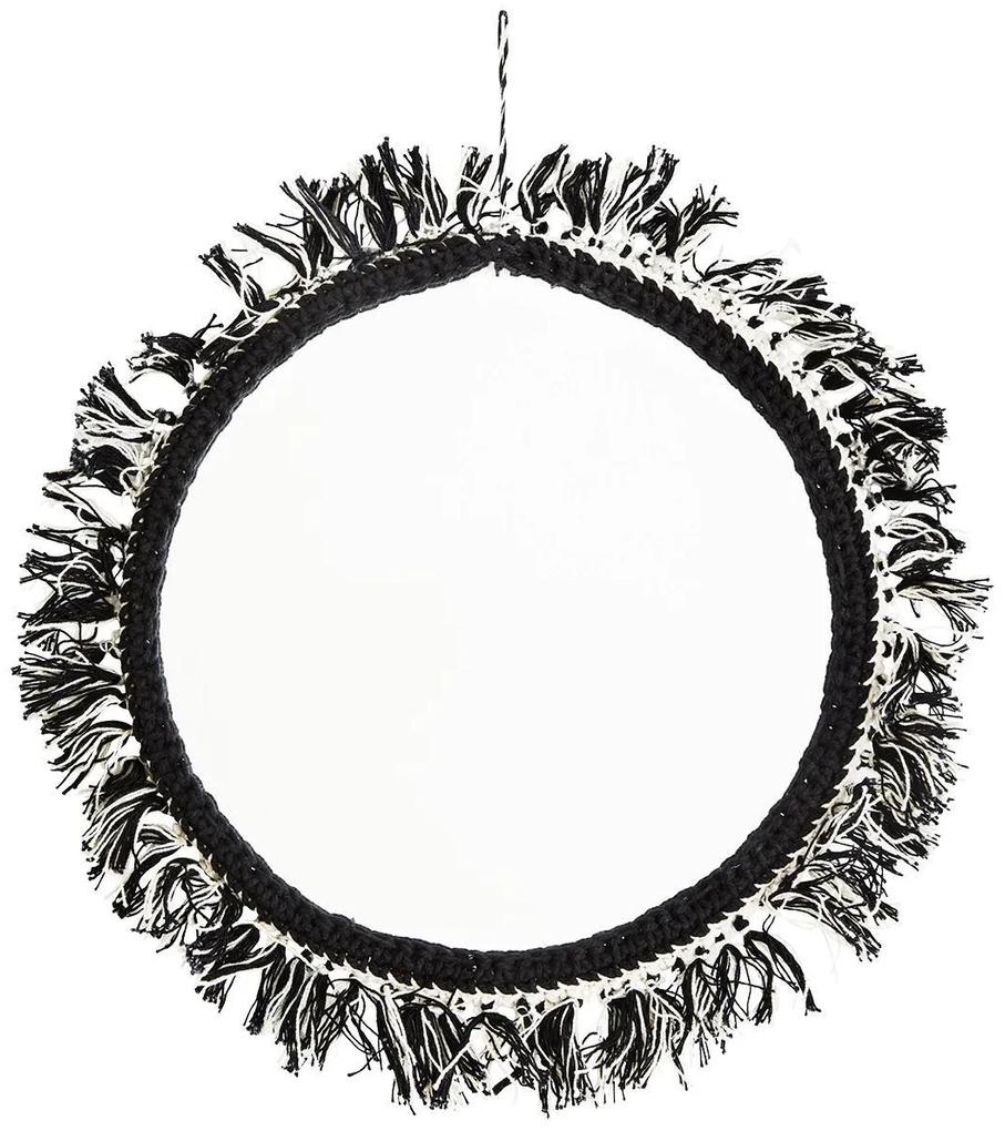 MADAM STOLTZ Kulaté zrcadlo s třásněmi Off White/Black, černá barva, bílá barva, sklo, textil