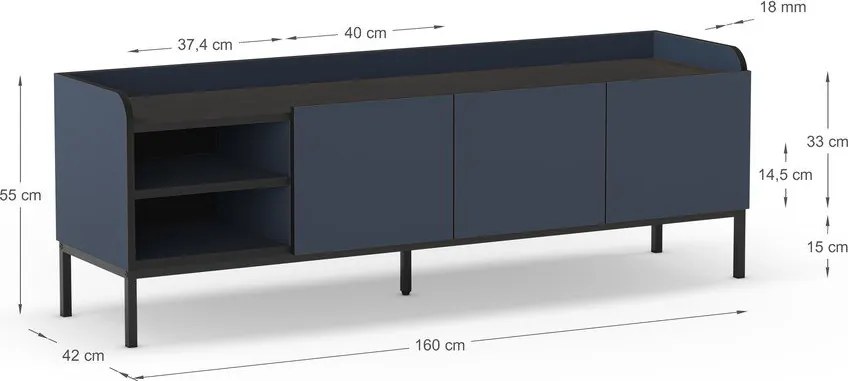Modrý TV stolek 160x55x42 cm Adara – Marckeric