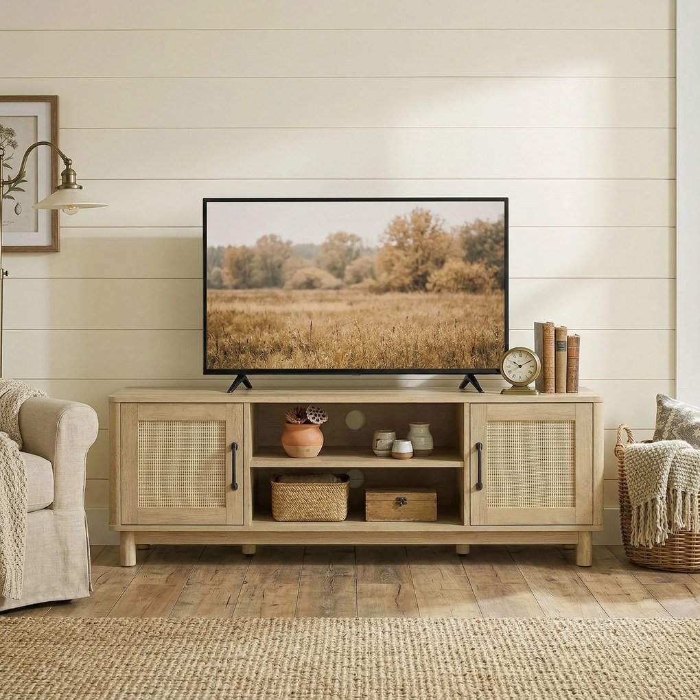 HOMCOM TV nábytek 135 cm, TV nábytek pro televize až do 165,1 cm s 2 ratanovými dveřmi, 2 otevřenými přihrádkami, dub