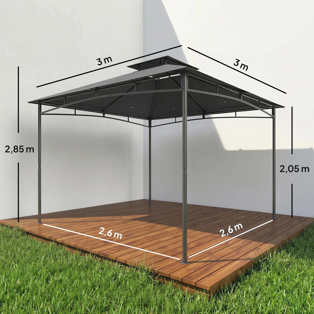 Pavilon 3x3m Vodoodpudivá stáj Zimovzdorný zahradní pavilon se stahovacím horním rámem Dvojitá střecha Tmavě šedá barva