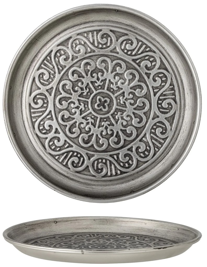Bloomingville Dekorativní tác Maze Silver Metal 33 cm, šedá barva, stříbrná barva, kov