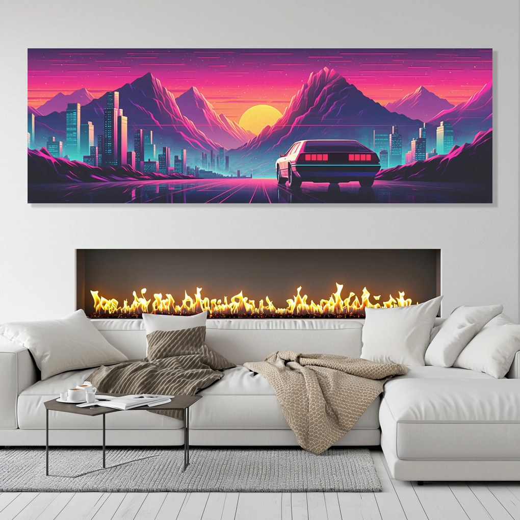 Obraz na plátně - Retro futuristické město s horami a autem FeelHappy.cz Velikost obrazu: 180 x 60 cm