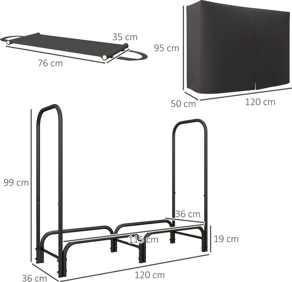 Stojan na palivové dřevo Outsunny 120x36x99 cm Stojan na palivové dřevo s taškou z plátna 600D Oxford vodoodpudivý potah na zahradní terasu kovový če…
