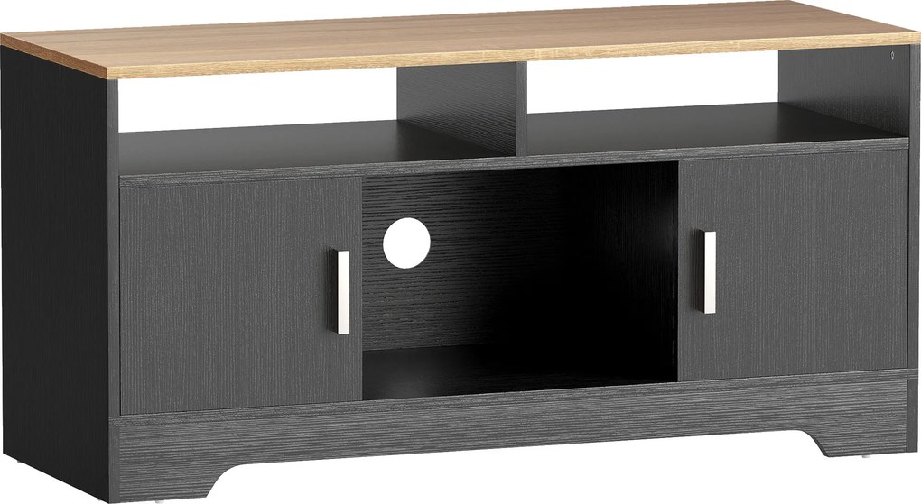 HOMCOM TV stolek ze dřeva s 2 nikami, 2 skříňkami s dvířky, 1 otevřenou skříňkou, 105 x 40 x 52 cm, černý dekor dřeva