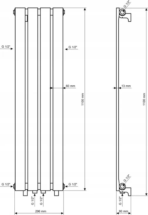 Gamma Vertical, topné těleso 1100x296 mm, 368W, černá matná, GMA-VERT-1100296-BK