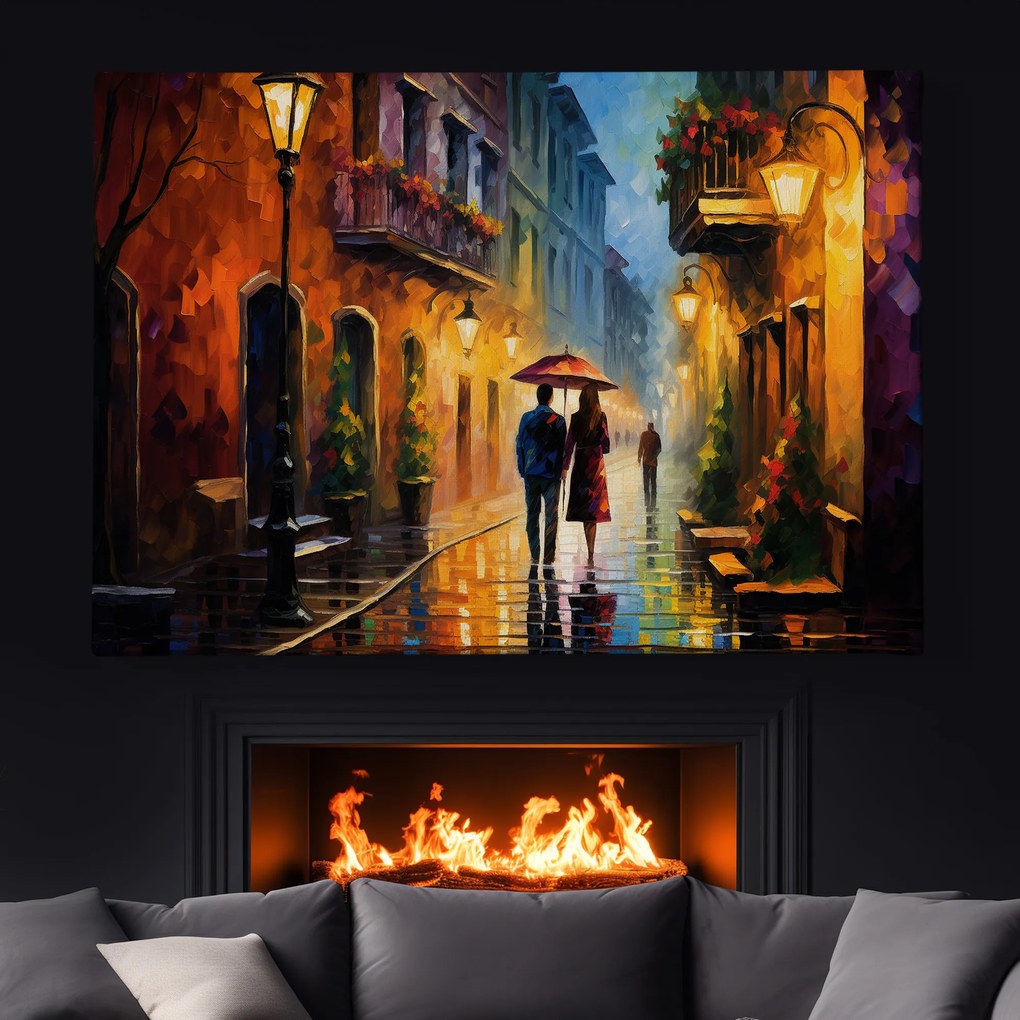 Obraz na plátně - Milenci, ulička s lampami za deště FeelHappy.cz Velikost obrazu: 150 x 100 cm