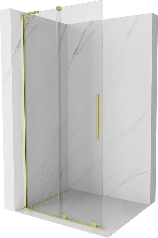 Mexen Velar L, posuvná sprchová zástěna Walk-in 110 x 200 cm, 8mm čiré sklo, zlatá matná, 871-110-003-03-55