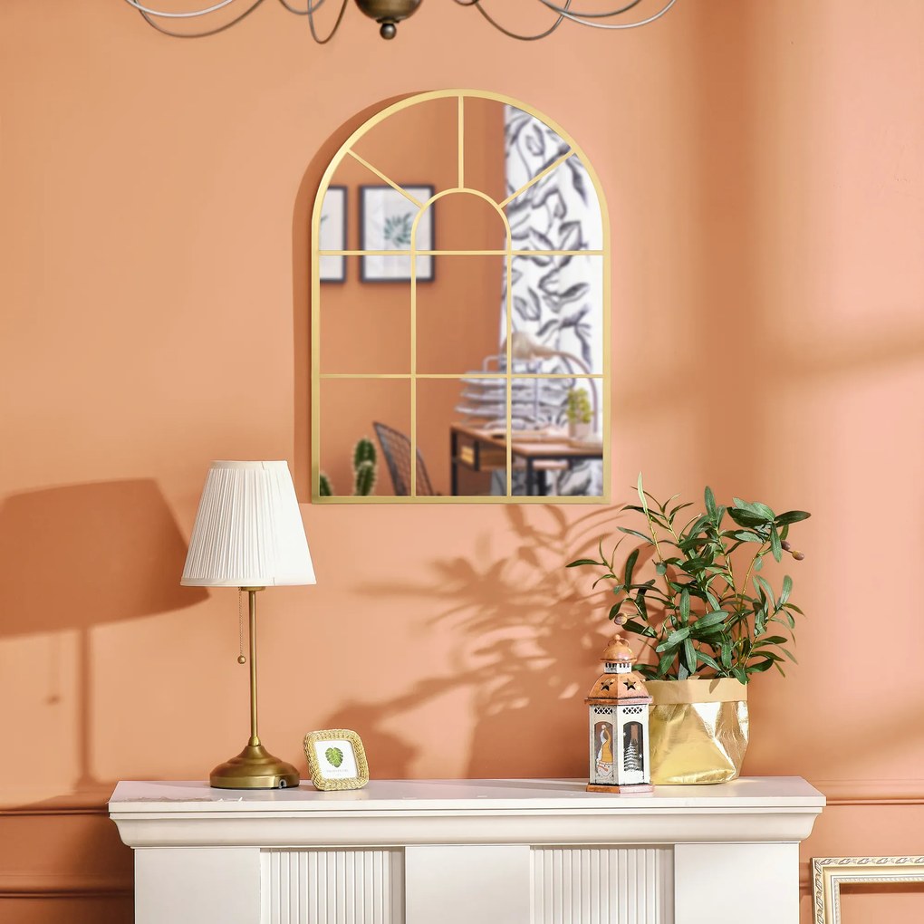 HOMCOM Nástěnné zrcadlo 70x50cm Zrcadlo do okna s kovovým rámem Závěsné zrcadlo do předsíně a dekorace Celoplošné zrcadlo ve zlaté barvě