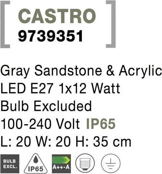 NV 9739351 Venkovní sloupkové svítidlo CASTRO šedý pískovec a akryl E27 1x12W bez žárovky 100-240V IP65 - NOVA LUCE