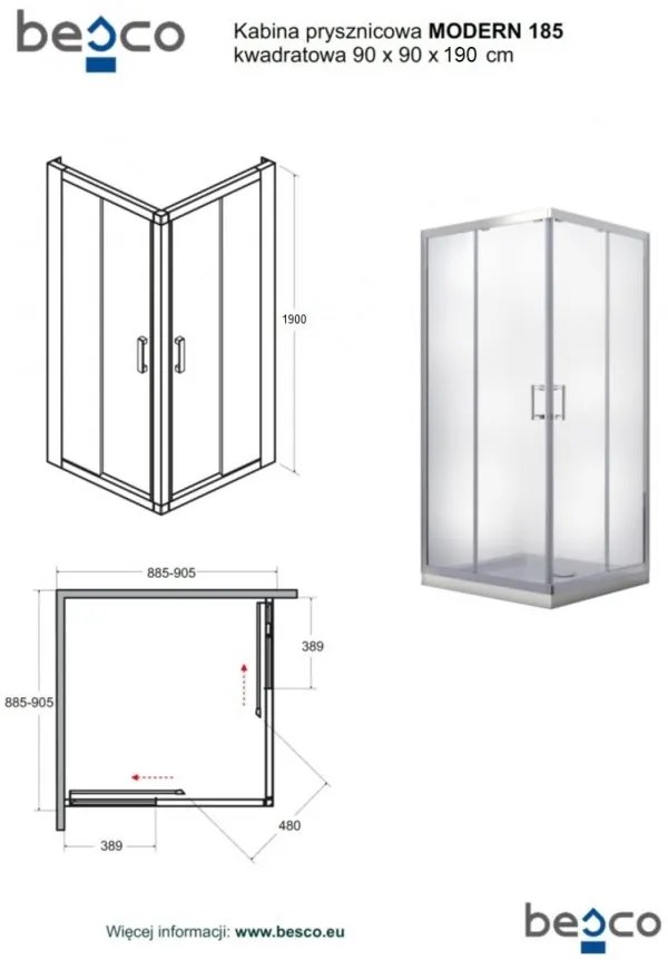 BESCO Čtvercový sprchový kout MODERN BLACK 190 BARVA rámu - Černá, Rozměr A - 90 cm, Rozměr B - 90 cm, Rozměr C - 190 cm, Směr zavírání - Univerzální Levé / Pravé, Výplň - Čiré bezpečnostní sklo - 6 mm BCMOD90BC