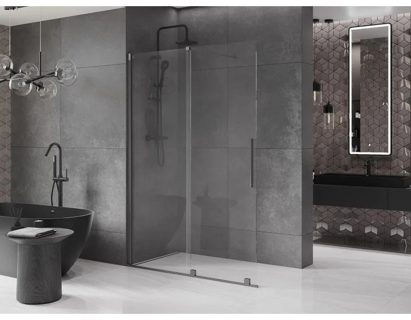 Mexen Velar, posuvné dveře do otvoru typ Walk-In 160 cm, 8mm čiré sklo, grafitová matná, 871-160-000-03-66