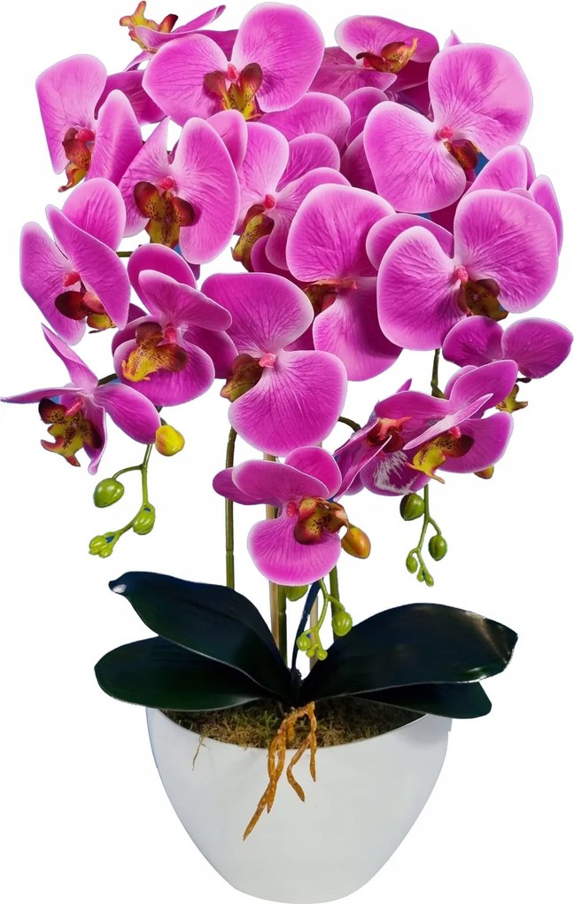 Orchidej umělý jako živý 9 květů růžový Orchidej 60 cm bílý květináč