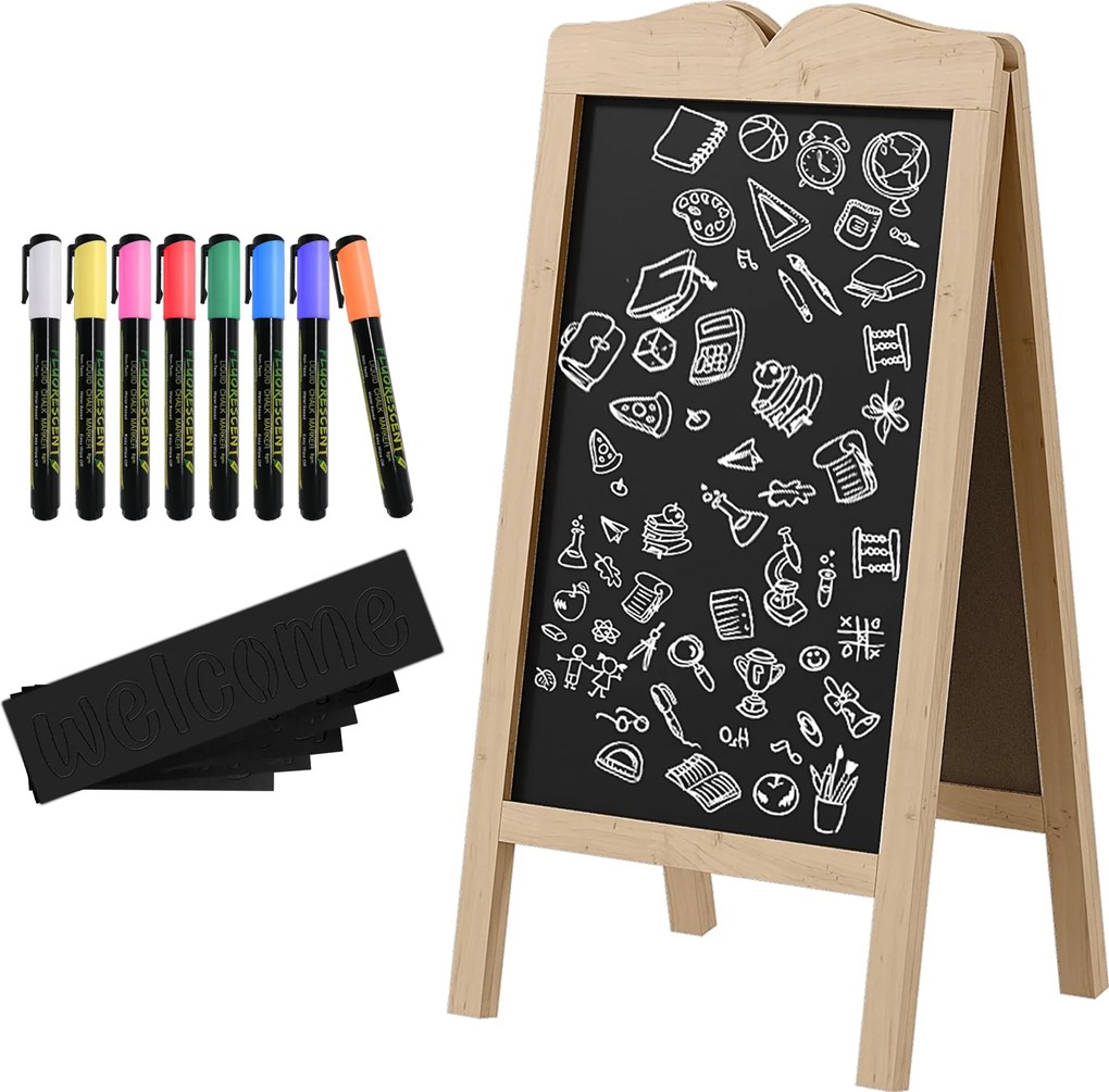 Vinsetto Bílá tabule na stojanu se dřevěným rámem, oboustranná magnetická skládací tabule s 8 tekutými křídami a 6 oboustrannými tabulemi 51x42x101 cm