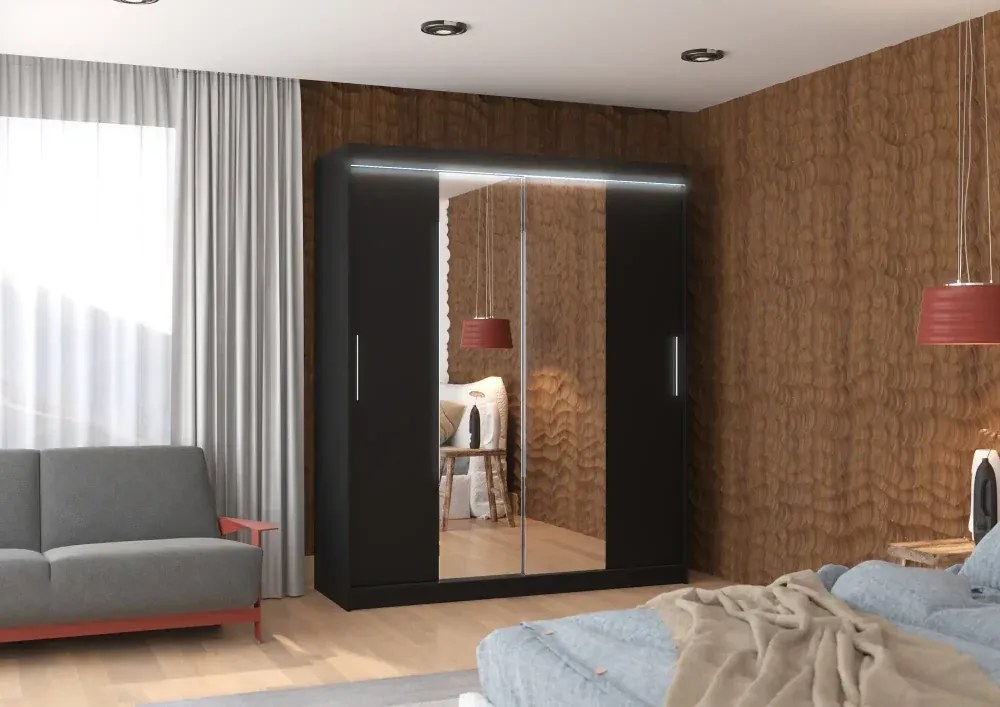 Posuvná skříň se zrcadlem a LED osvětlením DALLAS 180 černá