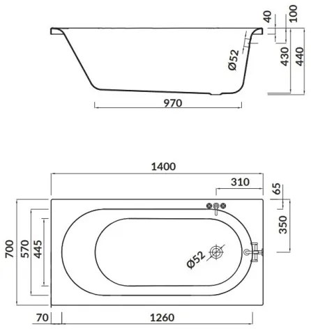 Cersanit Octavia, akrylátová vana 140x70cm + nožičky, bílá, S301-250