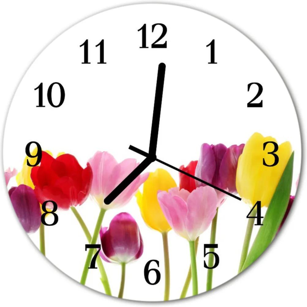 Skleněné hodiny kulaté Barevné tulipány