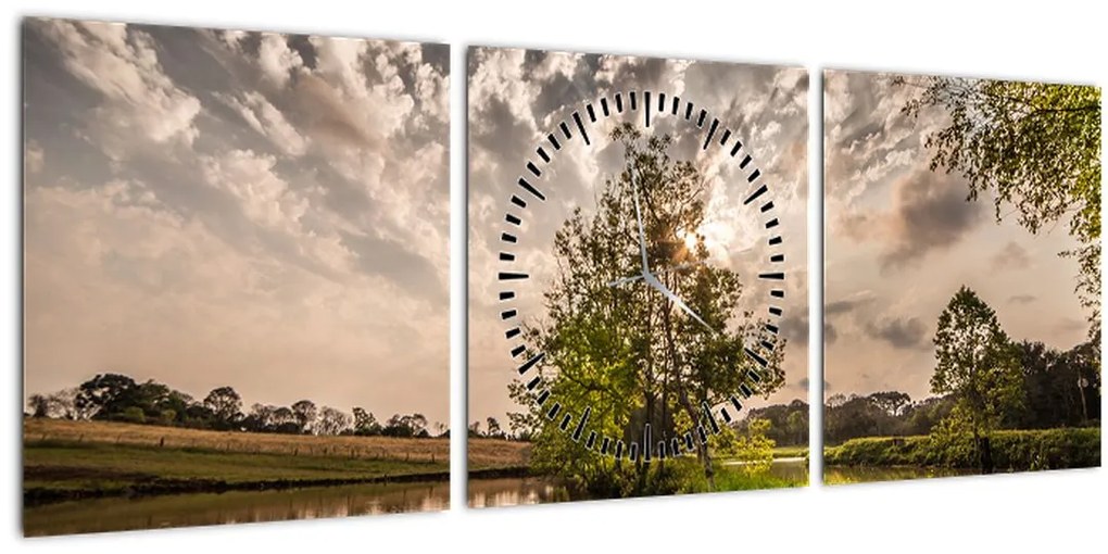 Obraz přírody s paprsky (s hodinami) (90x30 cm)