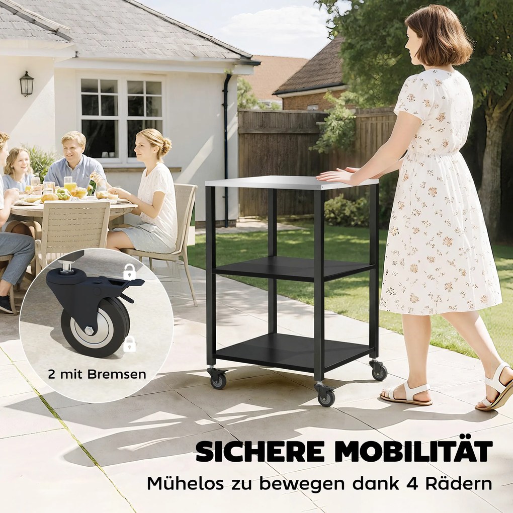 Grilovací vozík Třípatrový grilovací stůl s pracovní plochou z nerezové oceli Kolečka pojízdný servírovací vozík 50 x 50 x 90 cm Černá barva