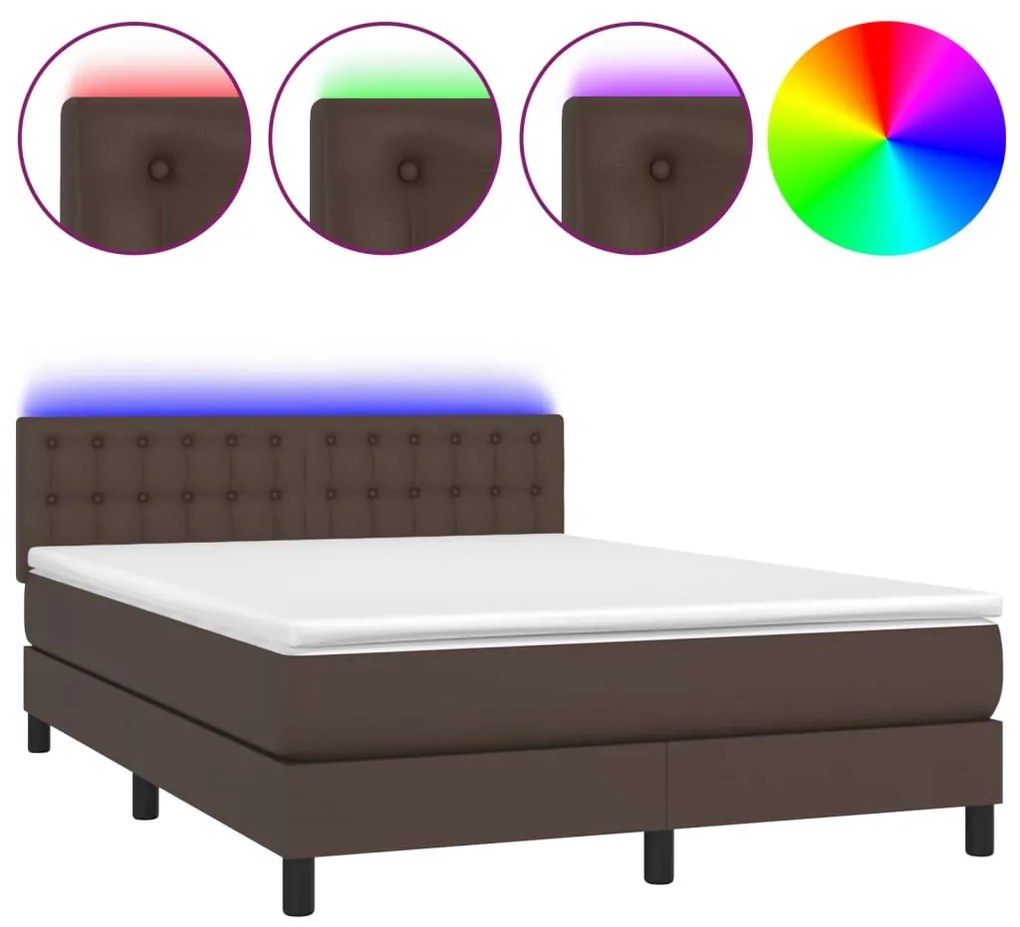 vidaXL Box spring postel s matrací a LED hnědá 140x200 cm umělá kůže