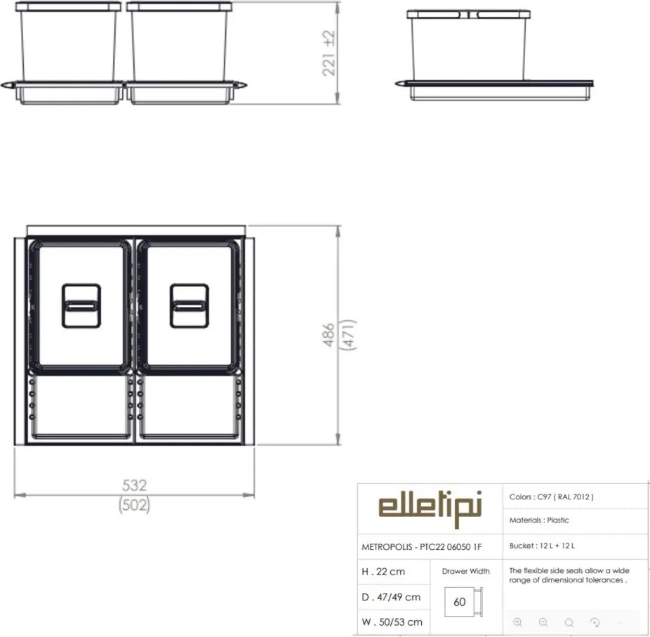 Šedý plastový odpadkový koš 2x12 l na tříděný odpad/vestavný Metropolis Flip-up – Elletipi