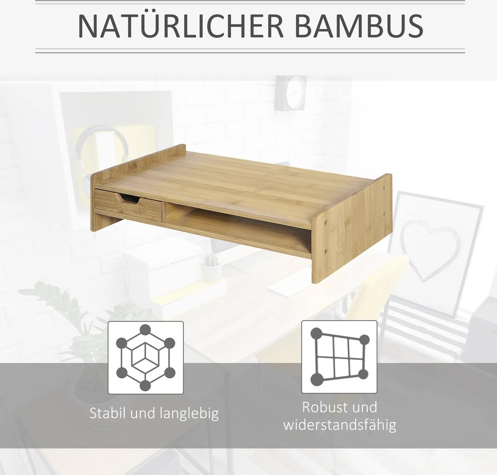 HOMCOM Stojan na monitor Stojan na obrazovku Stolní organizér se zásuvkami v přírodní barvě 49x25,5x11,5cm pro objednávku na pracovišti