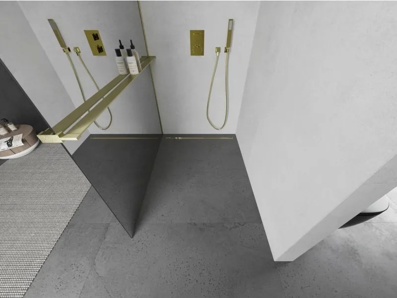Mexen Kioto+, sprchová zástěna Walk-In s poličkou a věšákem 140 x 200 cm, 8mm sklo vzor zrcadlo, zlatý matný profil, 800-140-121-55-50