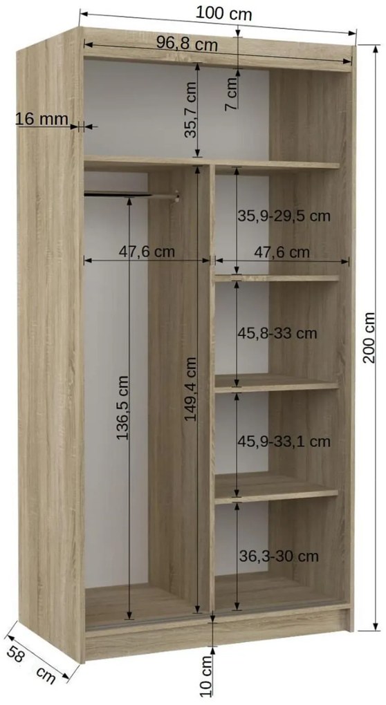 Šatní skříň s posuvnými dveřmi Collin - 100 cm Barva: Bílá/dub Sonoma