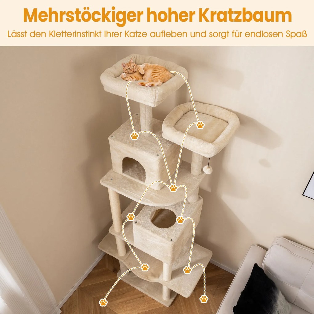 Costway 205 cm velký vícepatrový kočičí strom s 2 jeskyněmi 2 lehacími plochami