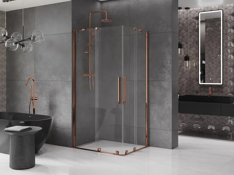 Mexen Velar Duo, sprchový kout s posuvnými dveřmi 100(dveře) x 90(dveře) cm, 8mm čiré sklo, růžové zlato profil, 871-100-090-02-60