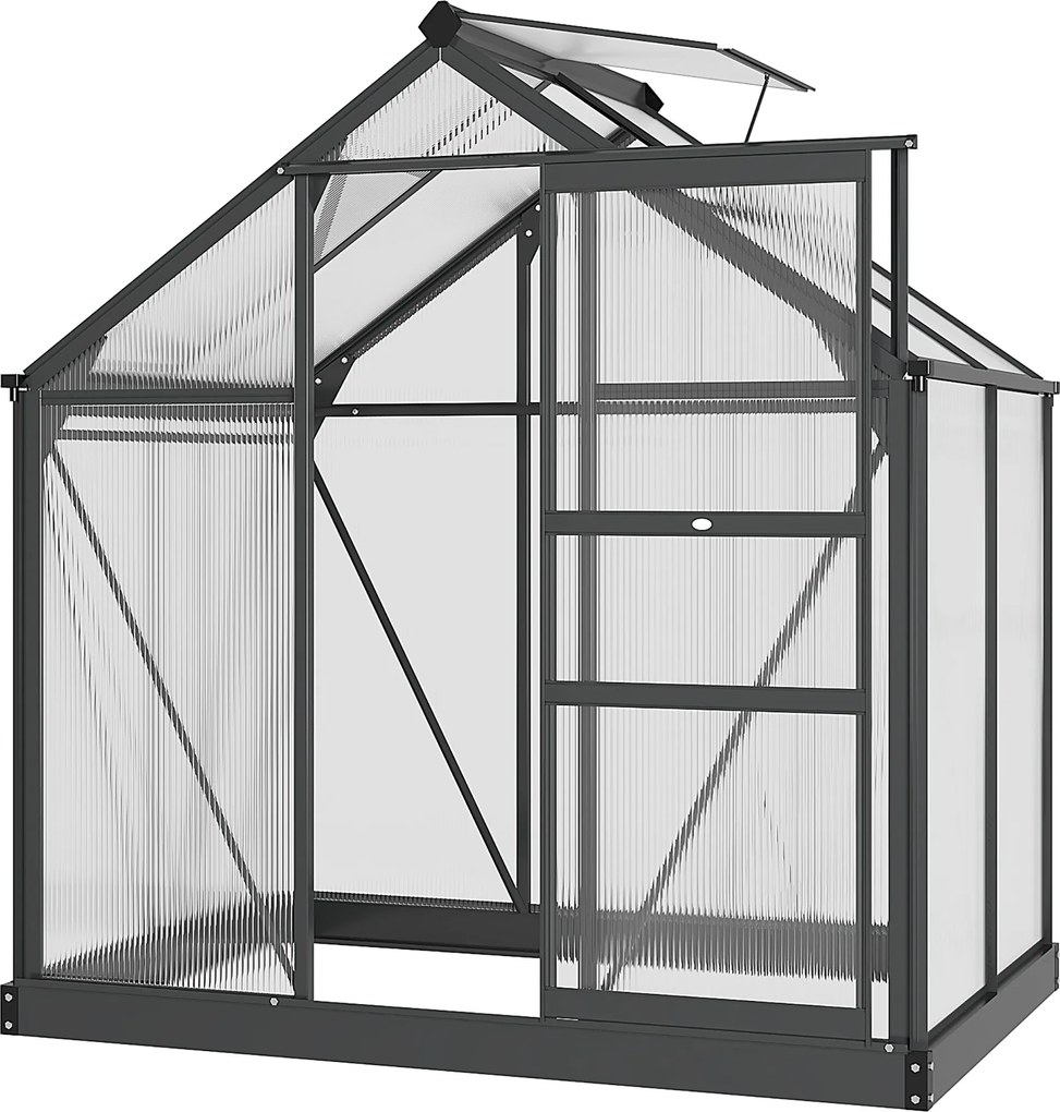 Outsunny Polykarbonátový Zahradní Skleník 2,51 m² Hliníkový Skleník pro Zahradu 190 x 132 x 201 cm UV-Odolný, se Zpevněným základem, Okapem, Lukem a P