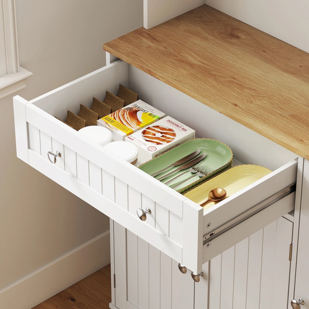 HOMCOM vysoký kuchyňský buffet, kuchyňská skříňka, nabíjecí stanice, 6 dveří, pracovní deska, držák na koření, 100x40x173 cm, bílá