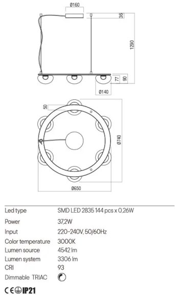 Redo 01-3248- LED Stmívatelný lustr na lanku SINCLAIR LED/37,2W/230V CRI 93 IP21