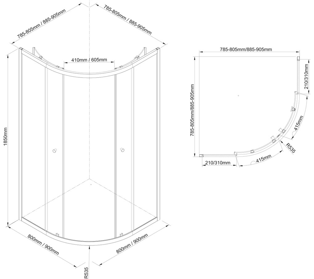 Aqualine Aqualine, ARLETA BLACK čtvrtkruhová sprchová zástěna 900x900mm, čiré sklo, BLS900