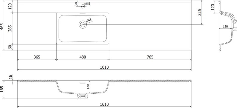 Mexen Orio, koupelnová skříňka 160 cm s levým umyvadlem Otis, 1S, 1D, bílá matná, 91A13-16047-3-BBFF01-W18L01