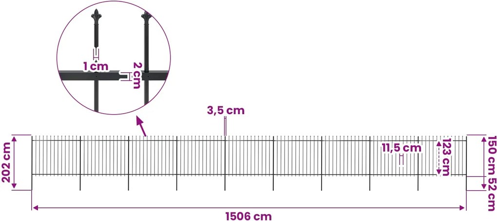 Zahradní plot s kopím nahoře ocelový 1506 x 150 cm černý 277637