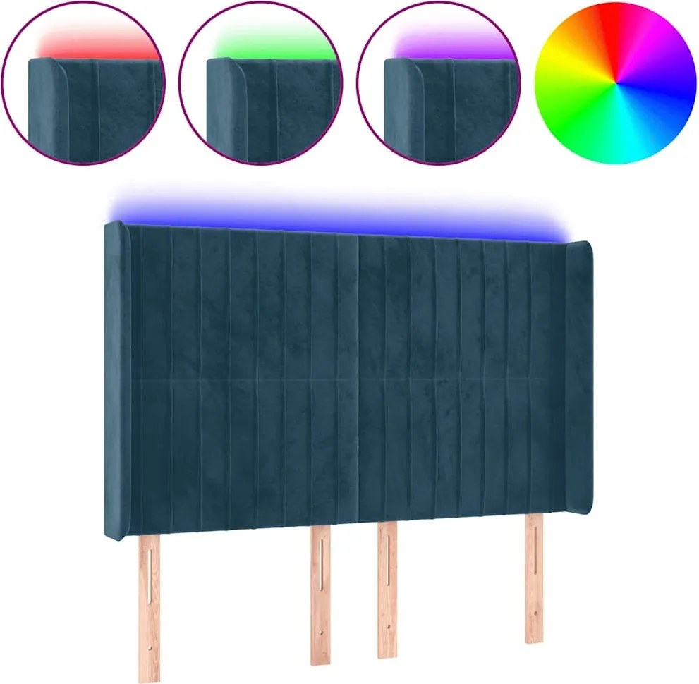 Čelo postele s LED tmavě modré 147 x 16 x 118/128 cm samet 3124338