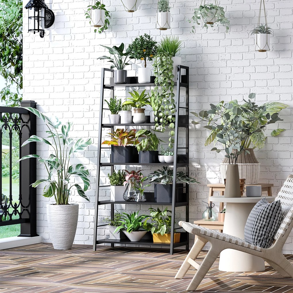 HOMCOM Knihovna v Průmyslovém Stylu - Opěrná 5 Policová 70L x 35Š x 150V cm Černá