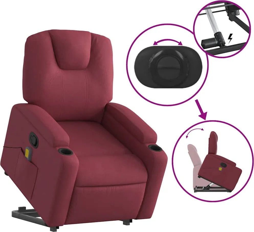 Zvedací masážní polohovací křeslo vínové textil 3204383