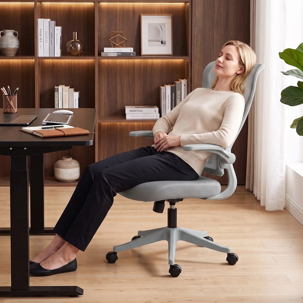HOMCOM Ergonomická kancelářská židle z mesh, otočná židle s vysokým opěradlem a sklápěcími područkami, s houpací funkcí, šedá